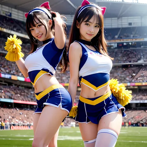 Two Ala-Fed Asian cheerleaders posing dynamically with pom-poms in stadium、write、a closeup ...