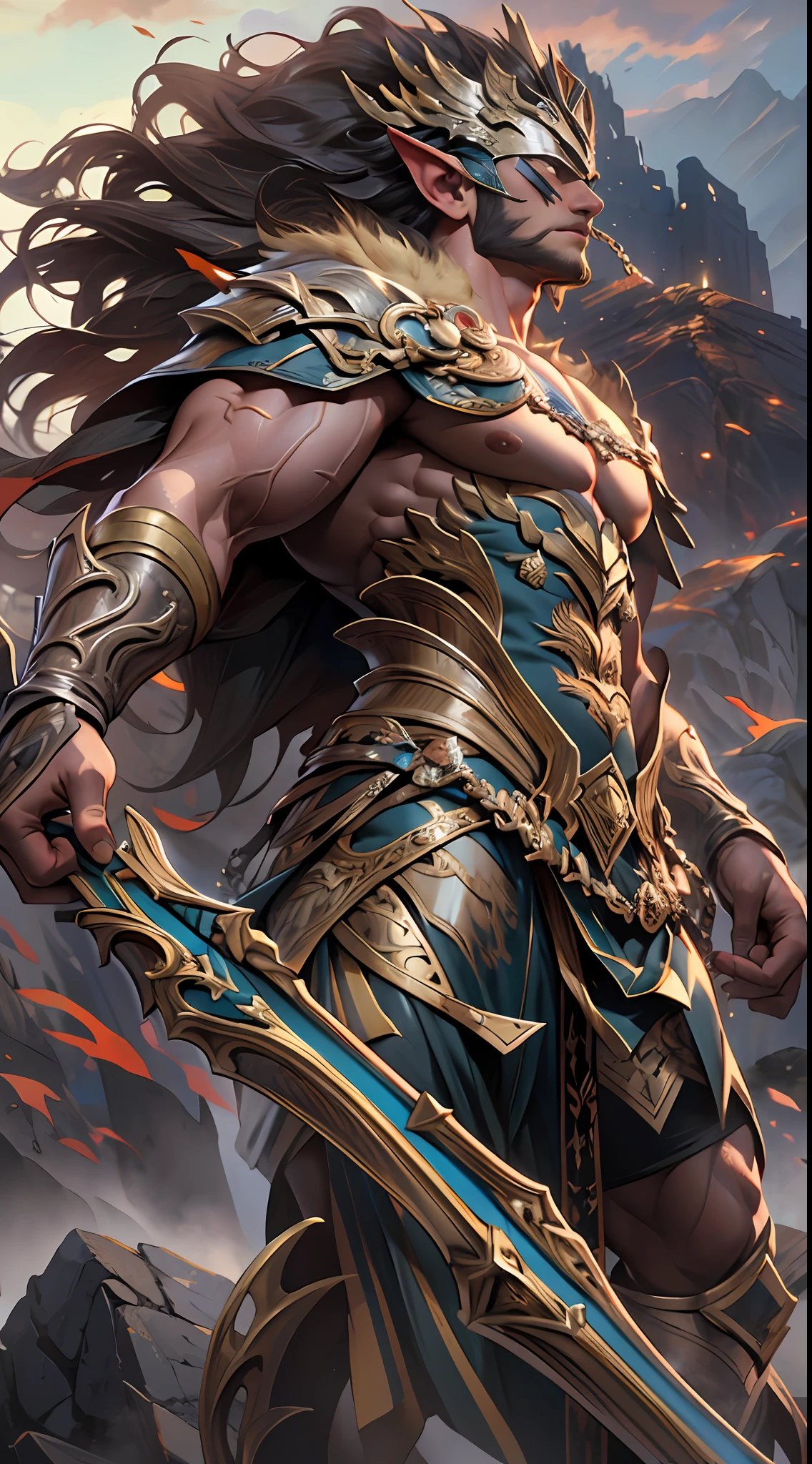 Powerful warrior, upper torso unveiled, lower body uncovered from ...