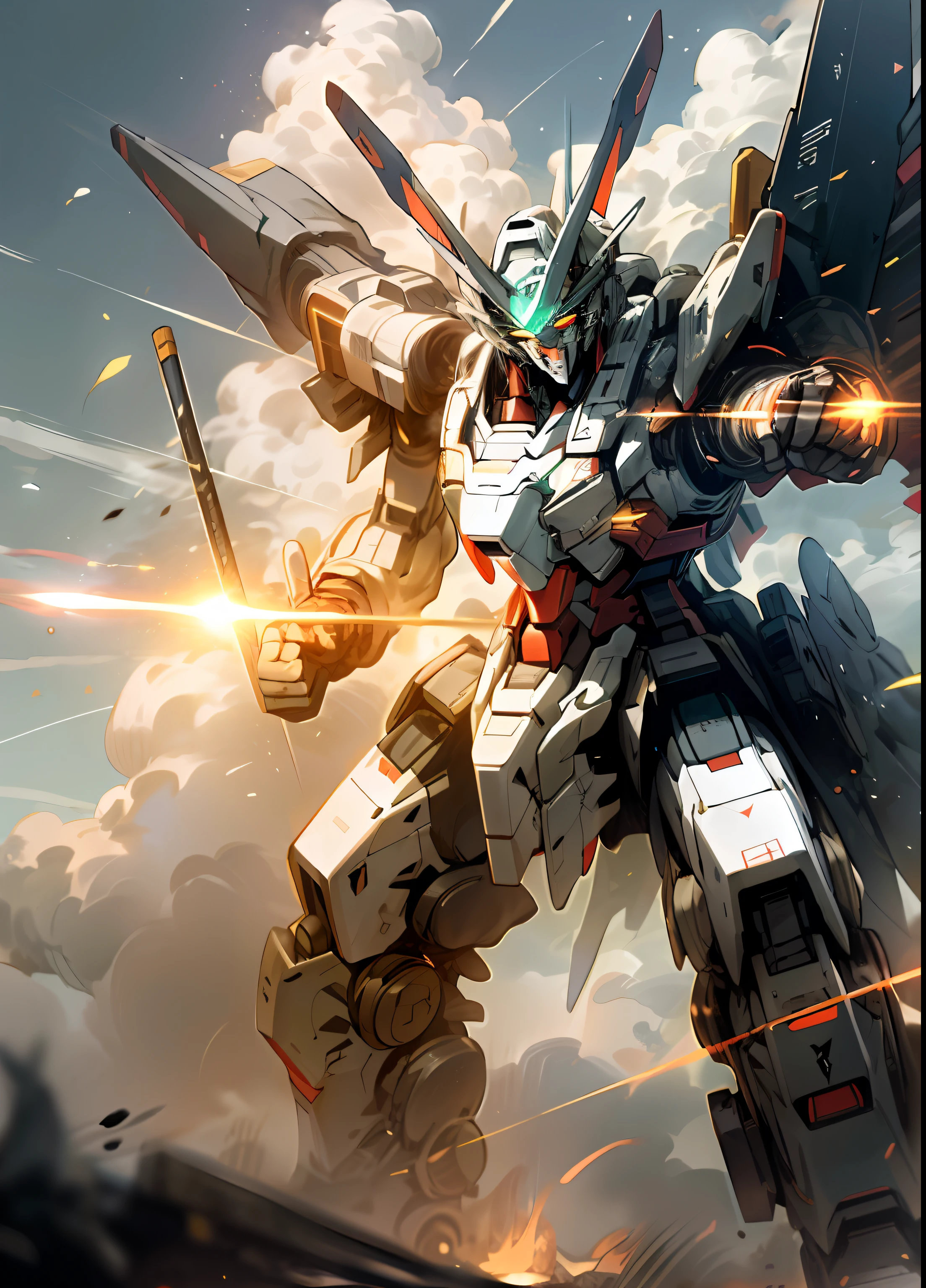 Skysky， clouds，Hold a weapon，No_Humanity，with light glowing，，droid ...