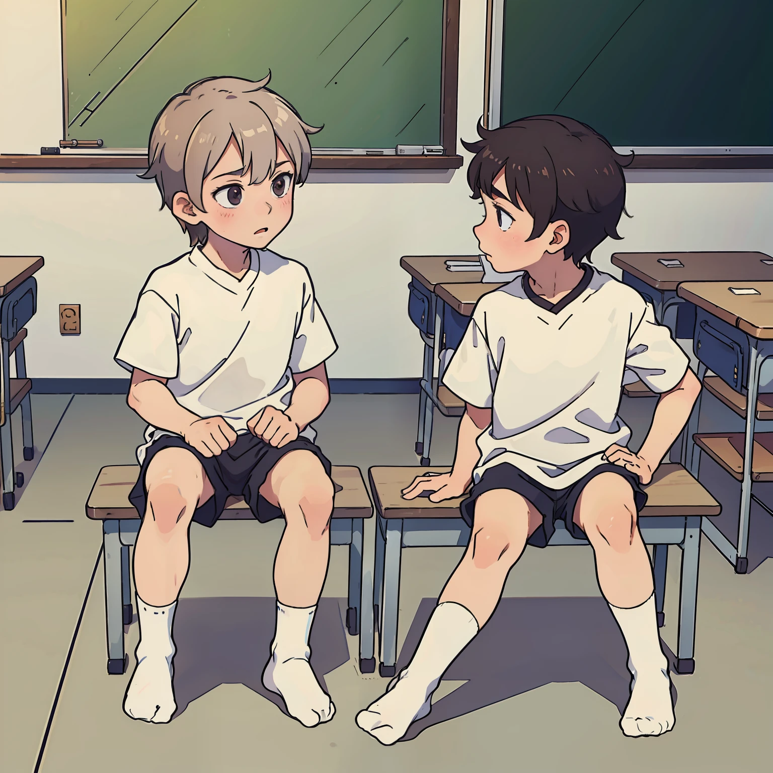 Shota， 2guys，without wearing shoes， White socks， Sports wear（rot， blanche）， ‎Classroom， kiss ...