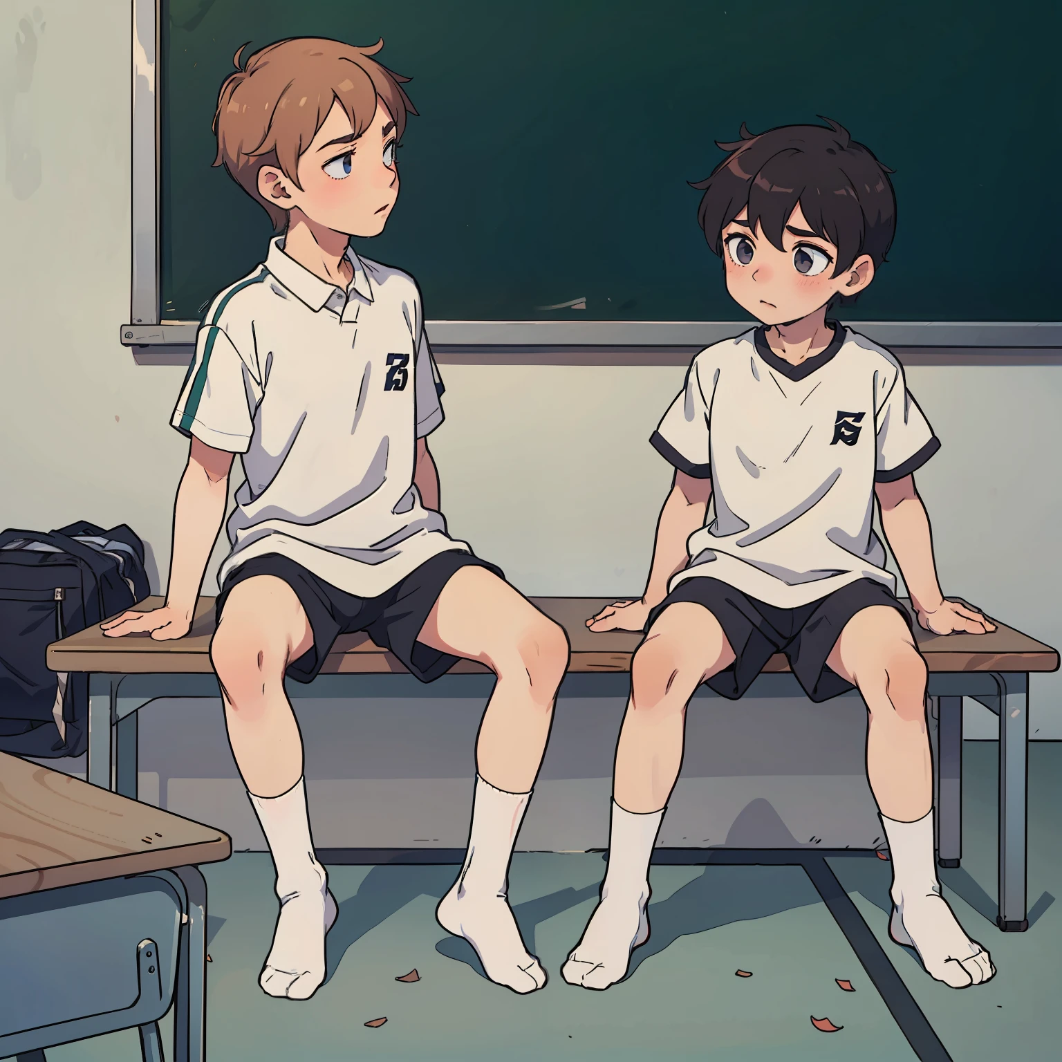 Shota， 2guys，without wearing shoes， White socks， Sports wear（rot， blanche）， ‎Classroom， kiss ...