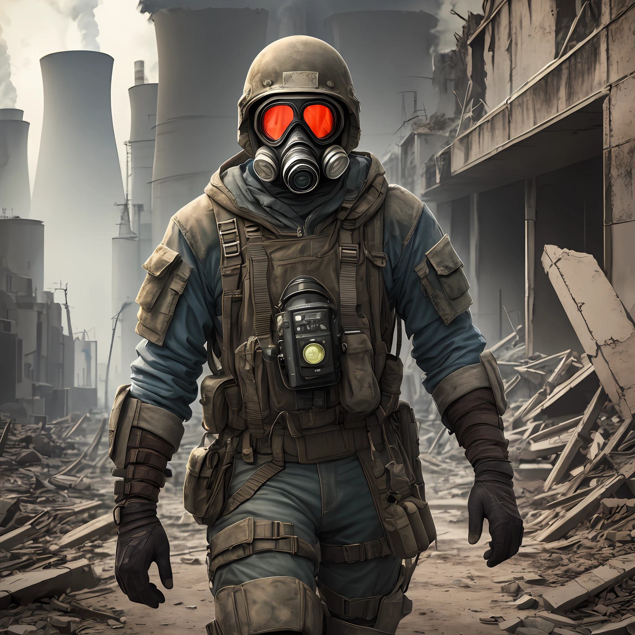 full shot, one male raider in a protective suit and gas mask walks ...