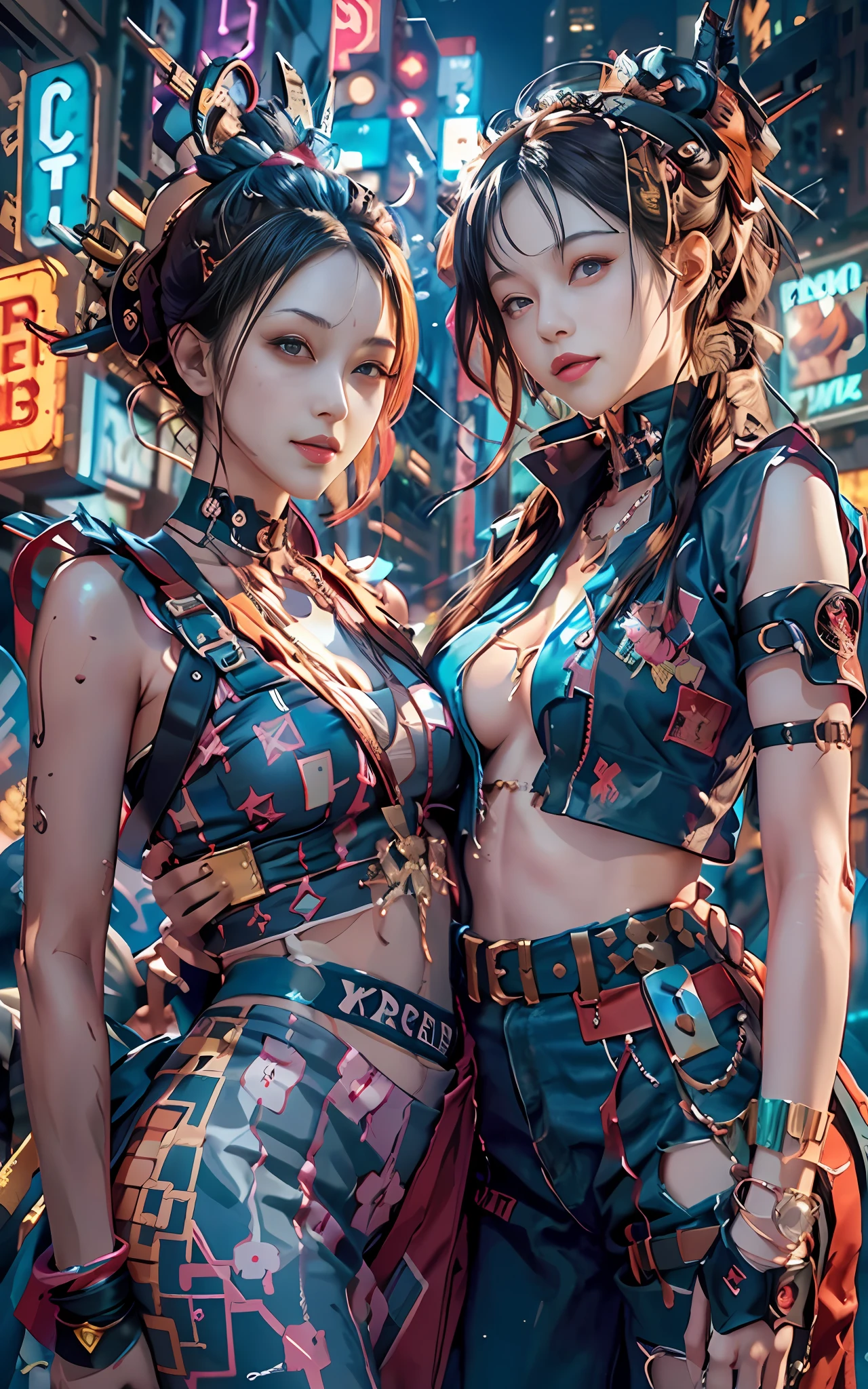 masterpiece, best quality, 2 ((smiling)) cyberpunk girls standing together, Harajuku-inspired ...