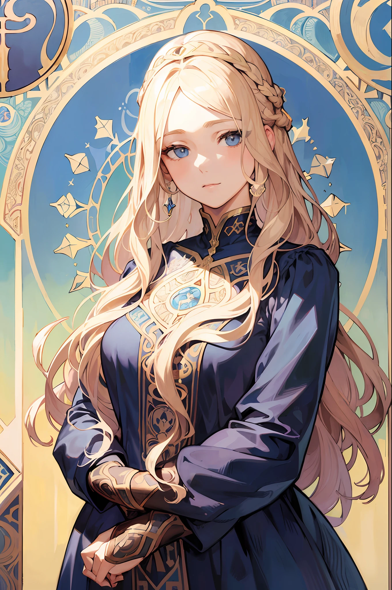 Portrait of a woman face in medieval Europe、Curly long hair、a blond、Wind Frame、Decorative panel ...