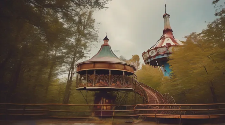 An abandoned amusement park at dusk, with rusting roller coasters and silent merry-go-rounds ...