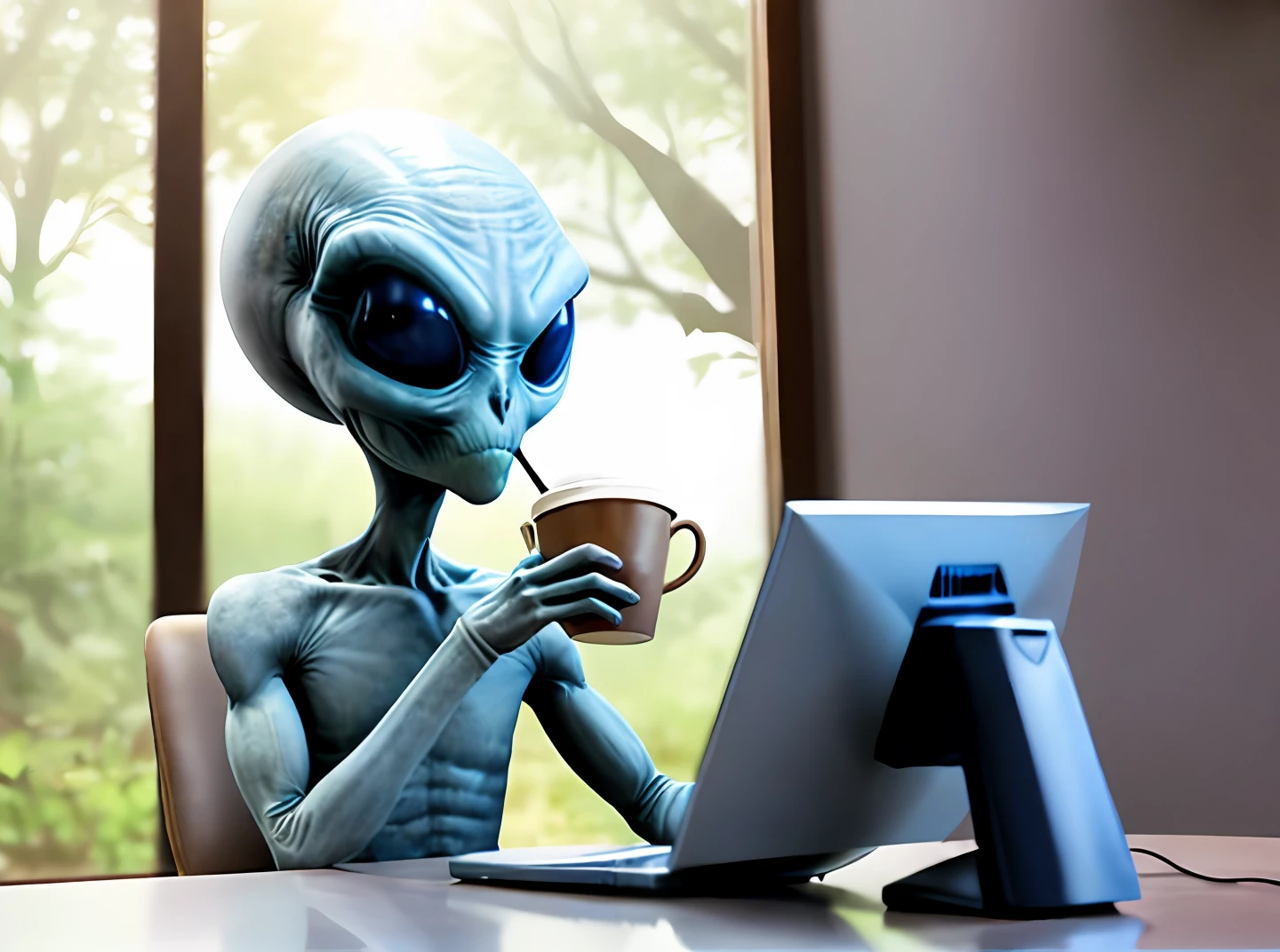 Alien with a cup of coffee and a laptop - SeaArt AI