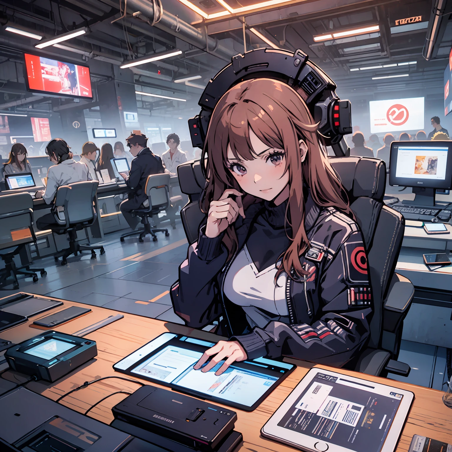 A beautiful girl as an engineer, sitting on a desk, working on a ...
