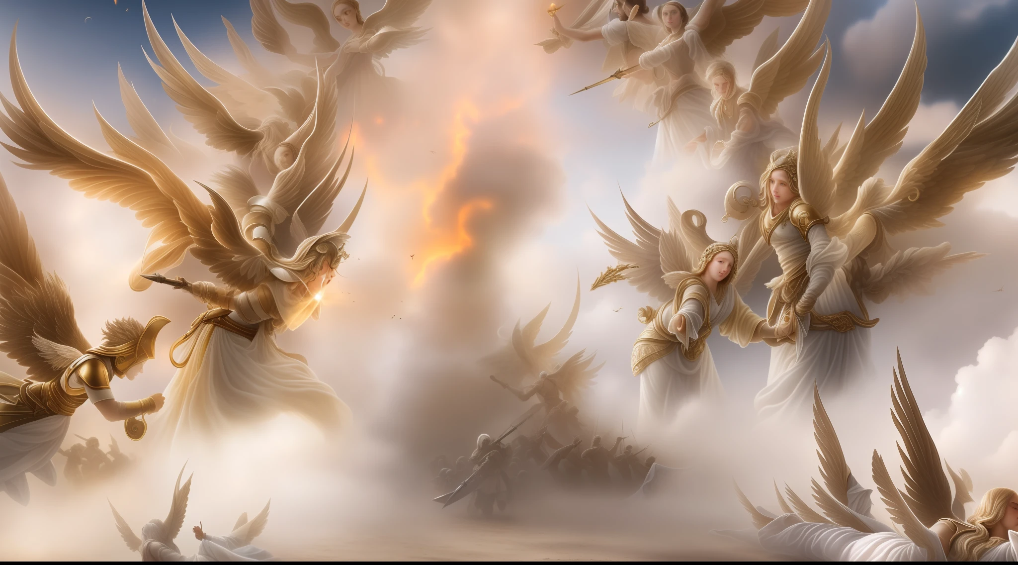 Angels flying in the sky with a fire in the background - SeaArt AI