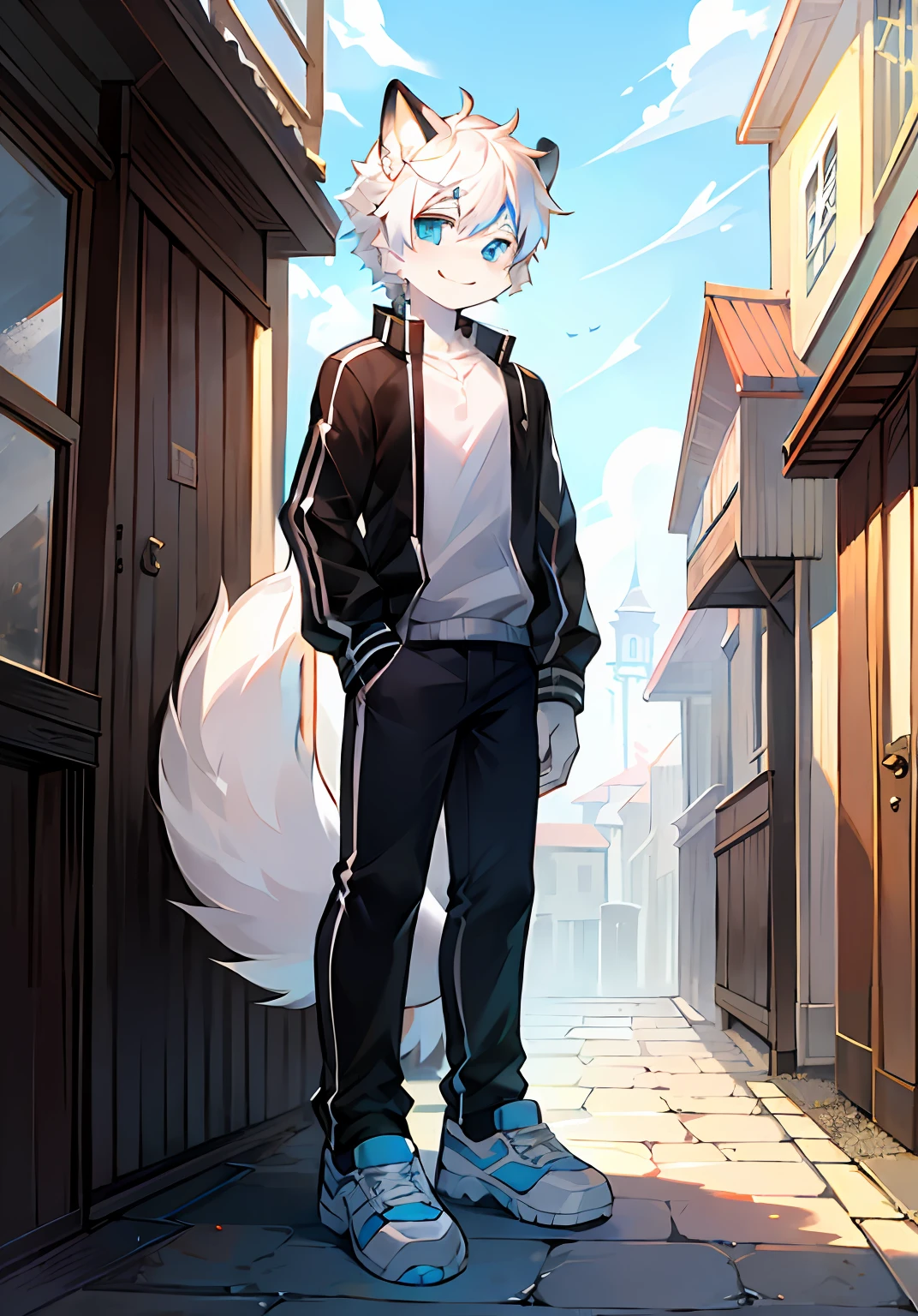 1boy，White hair，frontage（Shallow smile 1.2）standing on your feet，Black ...