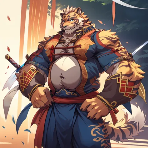 林虎，肌肉组织，山雀，胖乎乎的，佩戴武士刀，大腹便便，饱满紧 - SeaArt AI