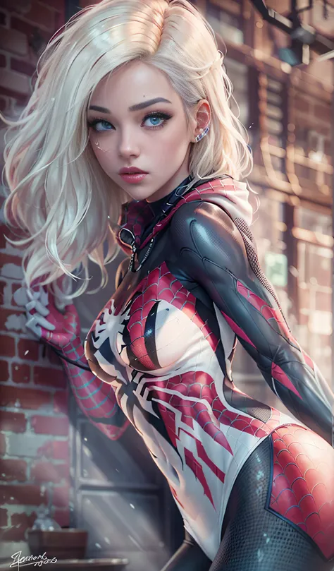 Create An Image Of Spider Man Gwen Female Spider Atop A Towering