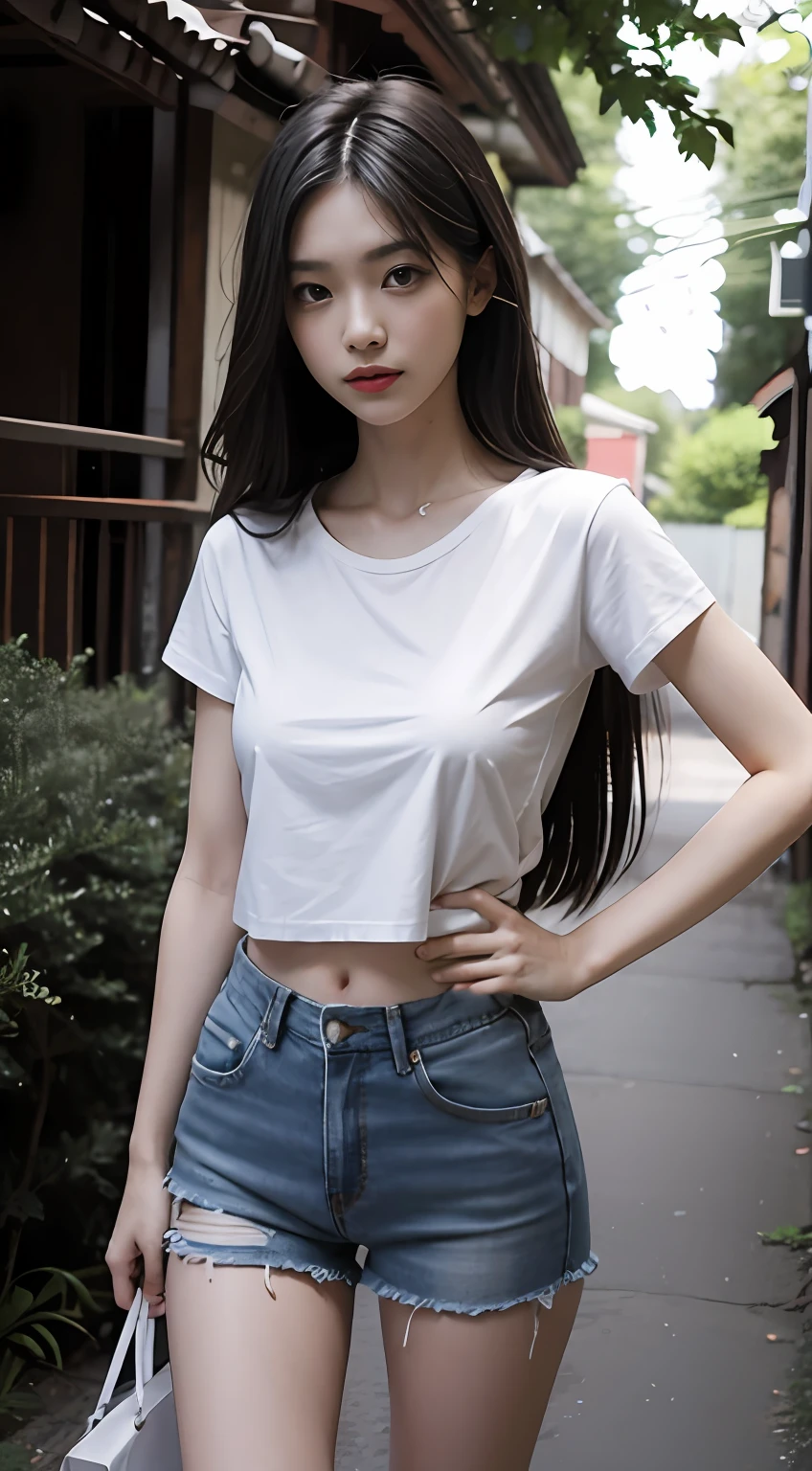 A close up of a woman in a white shirt and denim shorts - SeaArt AI