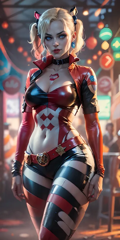 Harley Quinn de DC, derretir la ropa, pechos grandes, frontal, longitud total - SeaArt AI