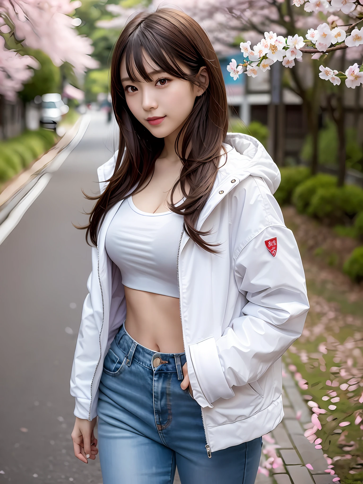 Arafed asian woman in white jacket and jeans posing for a picture - SeaArt AI