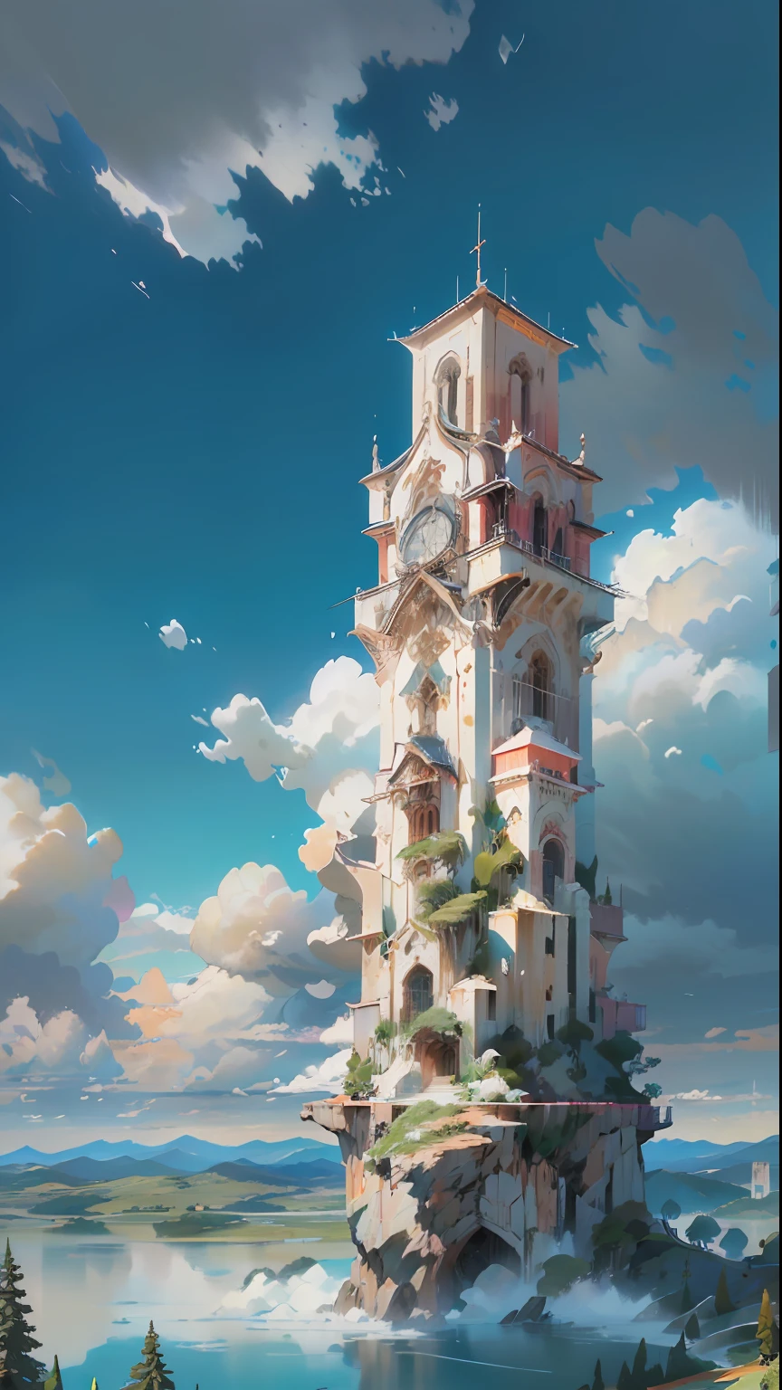 A painting of a tower with a clock on top of it - SeaArt AI