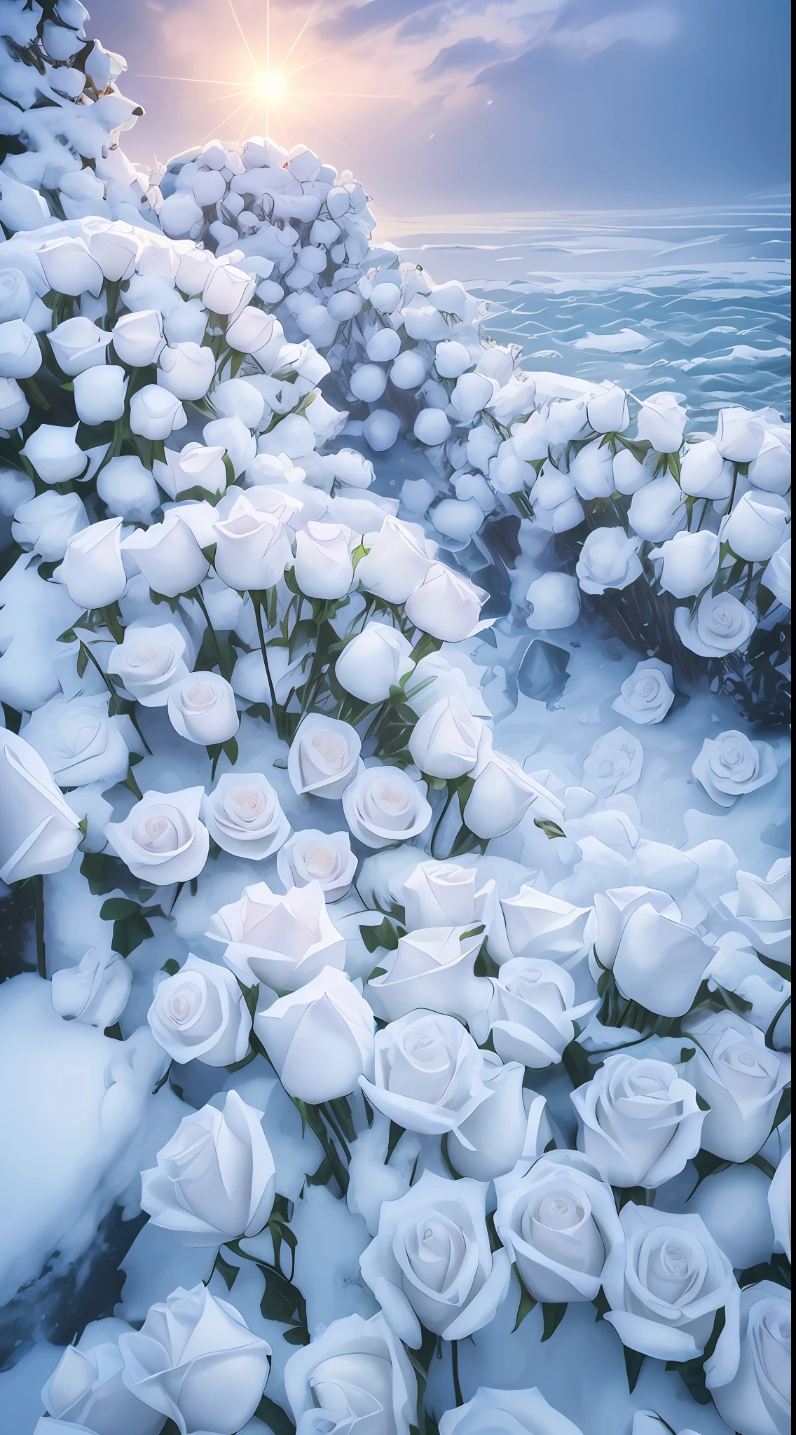 A close up of a bunch of white roses in the snow - SeaArt AI