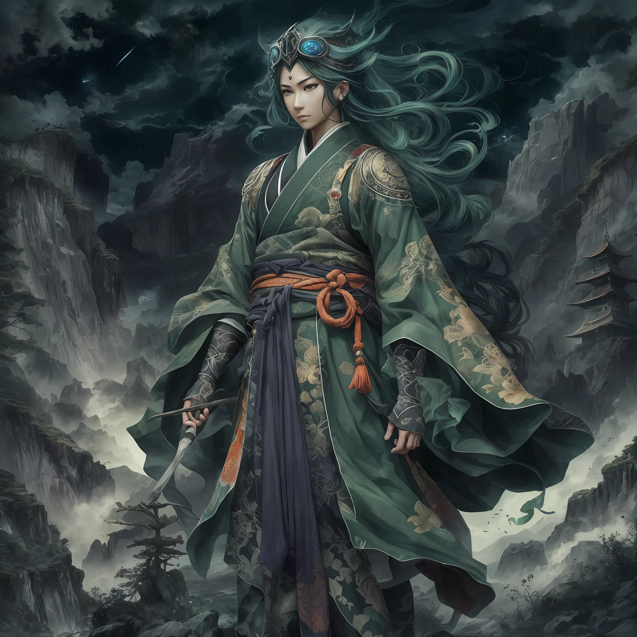 A painting of a man in a green and black outfit standing in a mountain ...