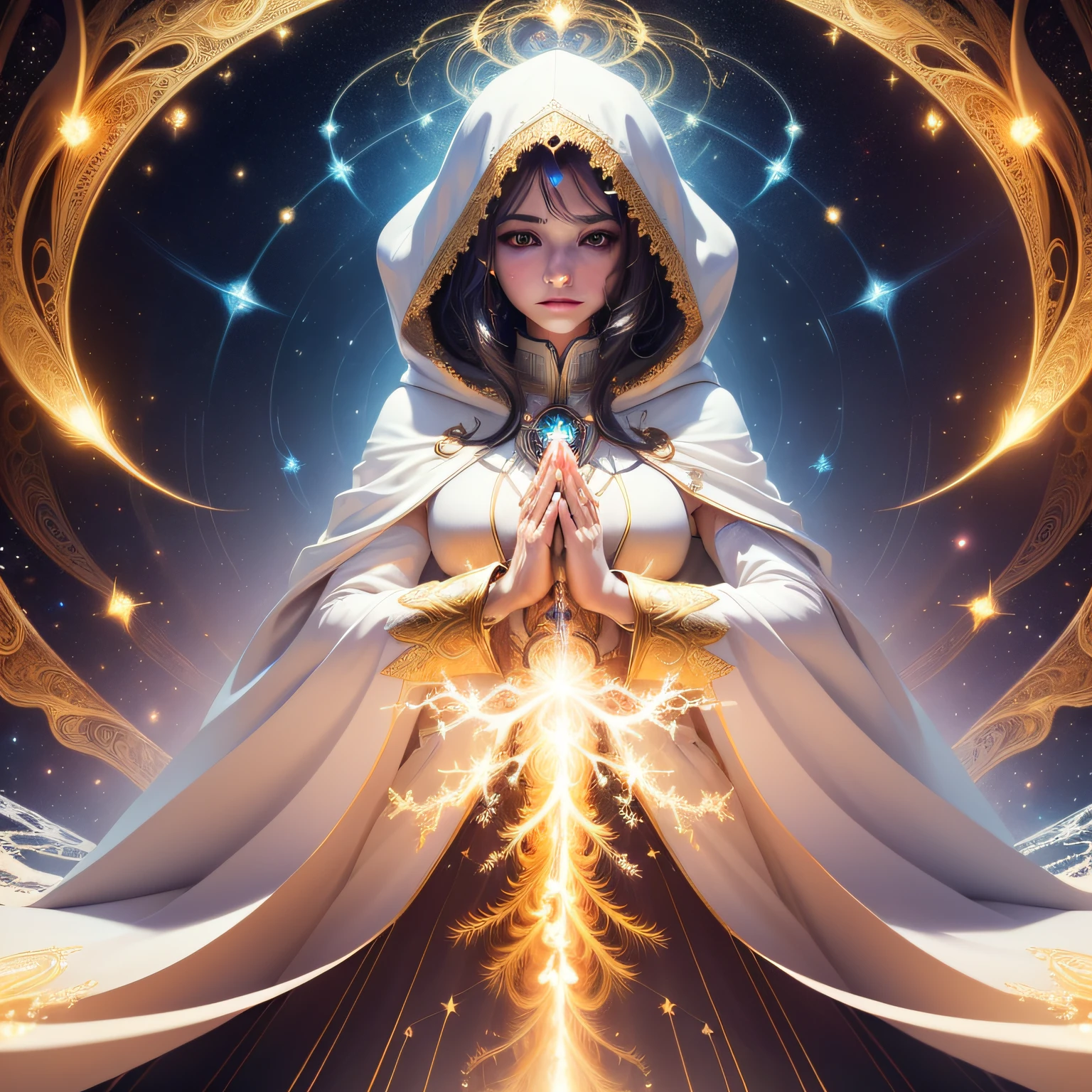 A woman in a cloak holding a glowing star - SeaArt AI