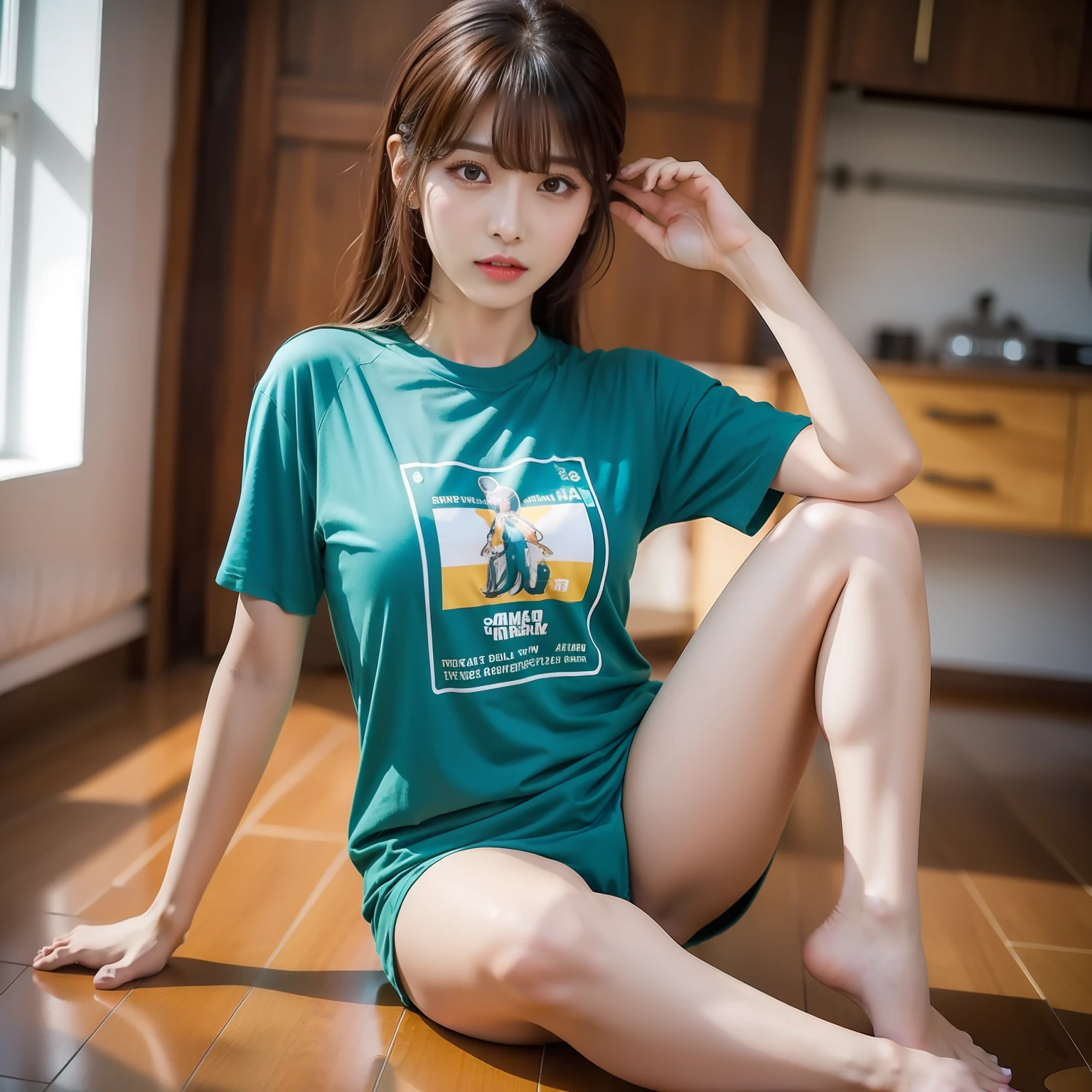 Araffe asian woman sitting on the floor in a green shirt - SeaArt AI