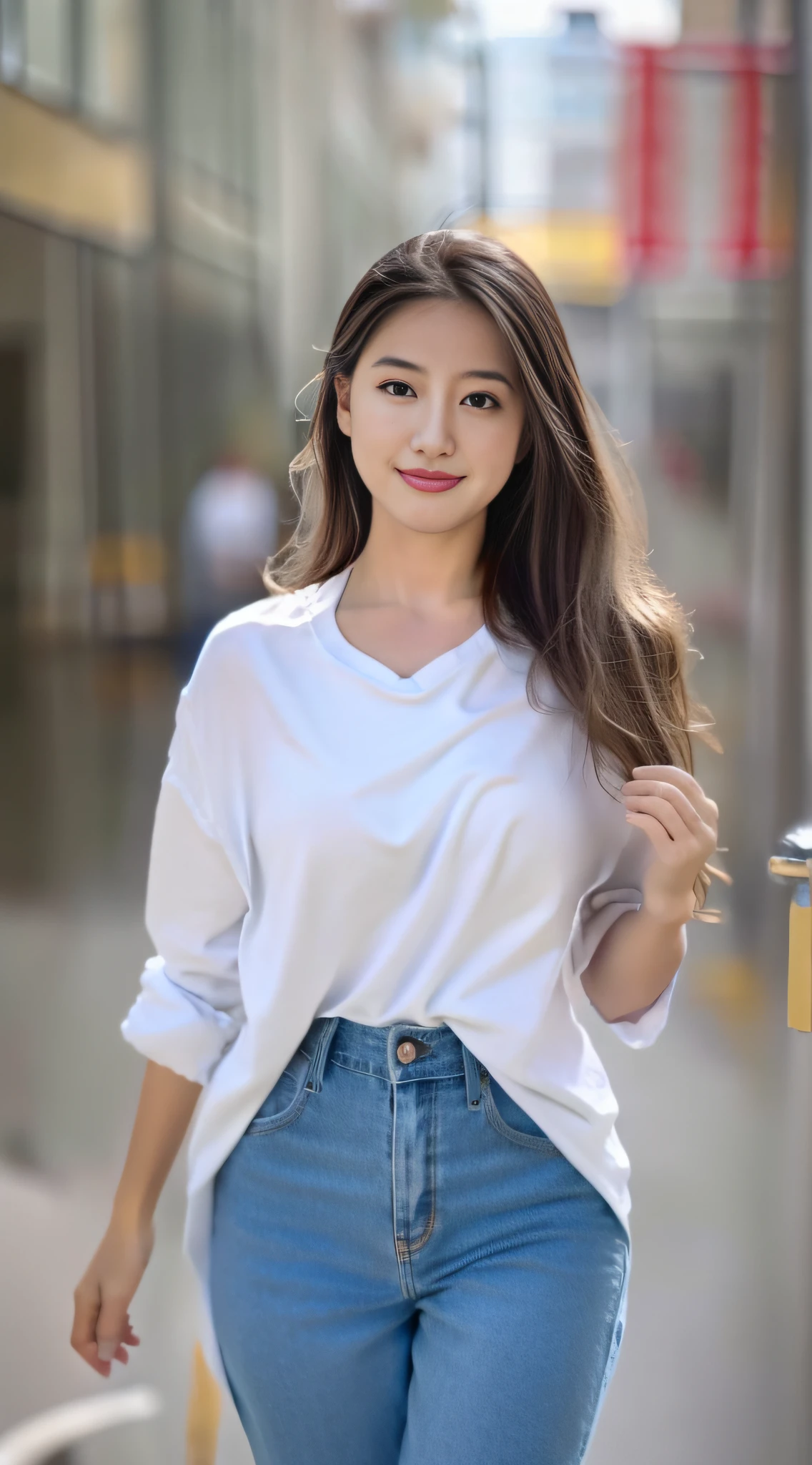 写真の品質、超高画質、8k、32k、 最高品質、傑作 1 2 、街を歩く18歳の美少女、白いキャミソール、ブルーのスキニージーンズ、、ソニー