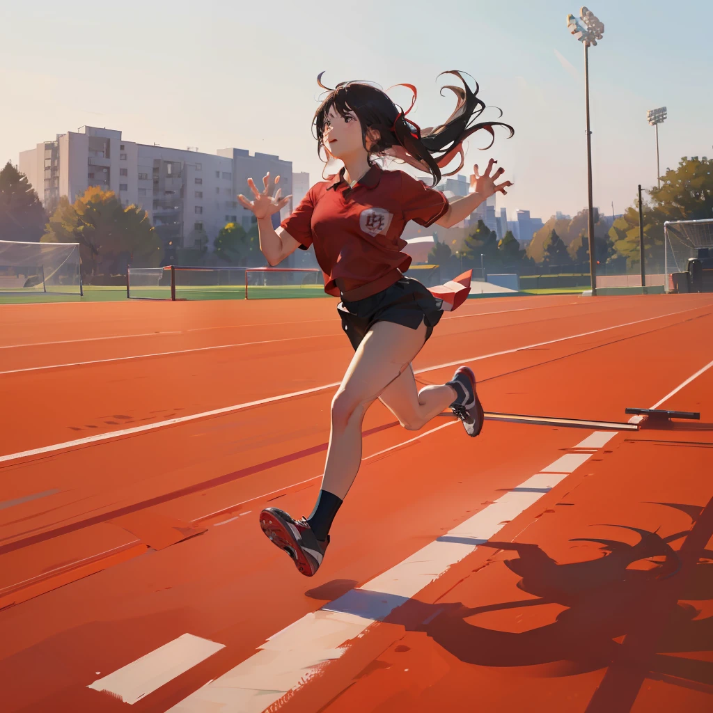 杰作、高品质、色彩鲜艳、 黑色长发 、 红色体操服 、 成年人 、 运动场 、 跑步 、 摊开双手