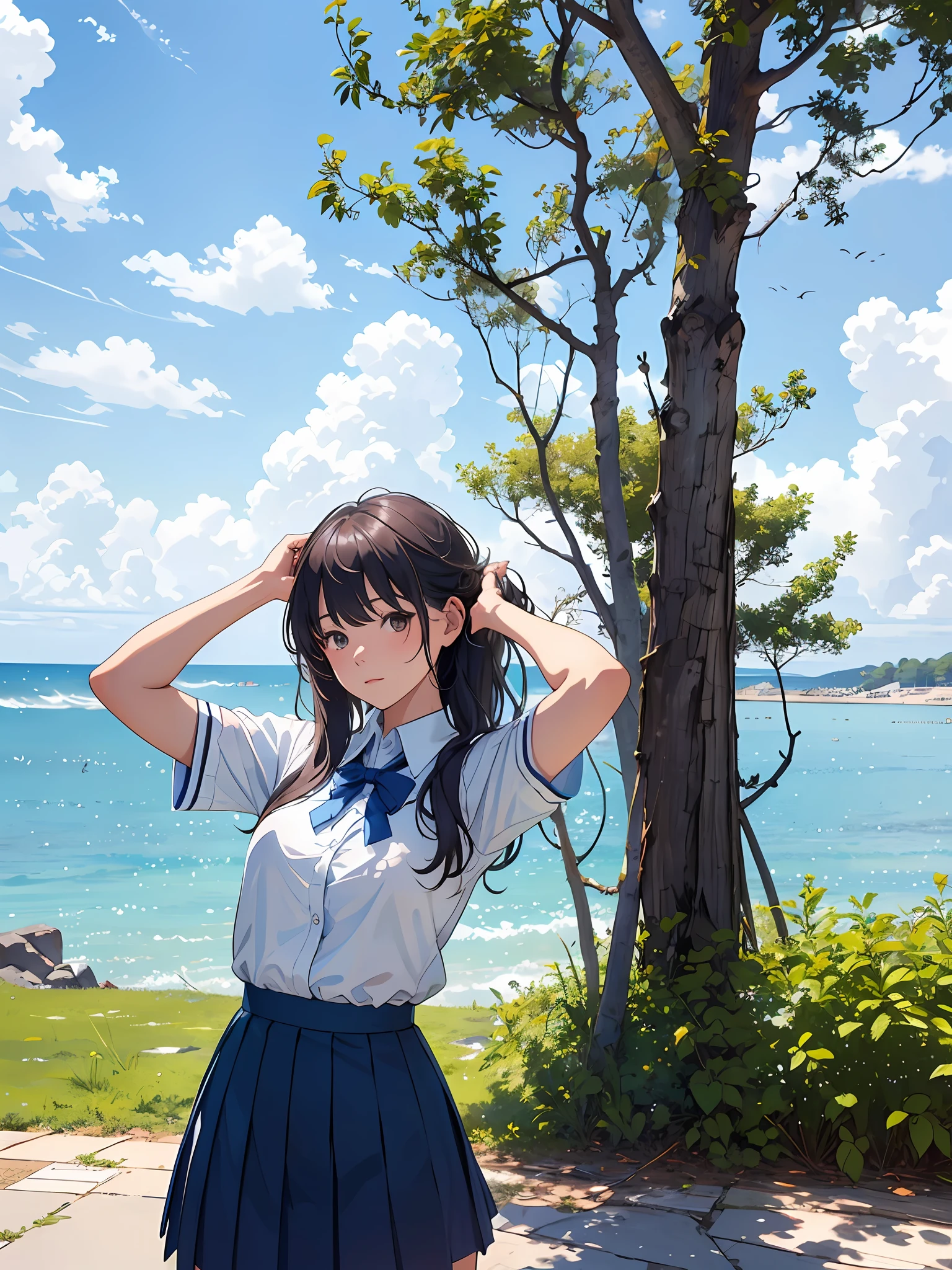 Blue sky, white clouds, sea, a girl, JK - SeaArt AI