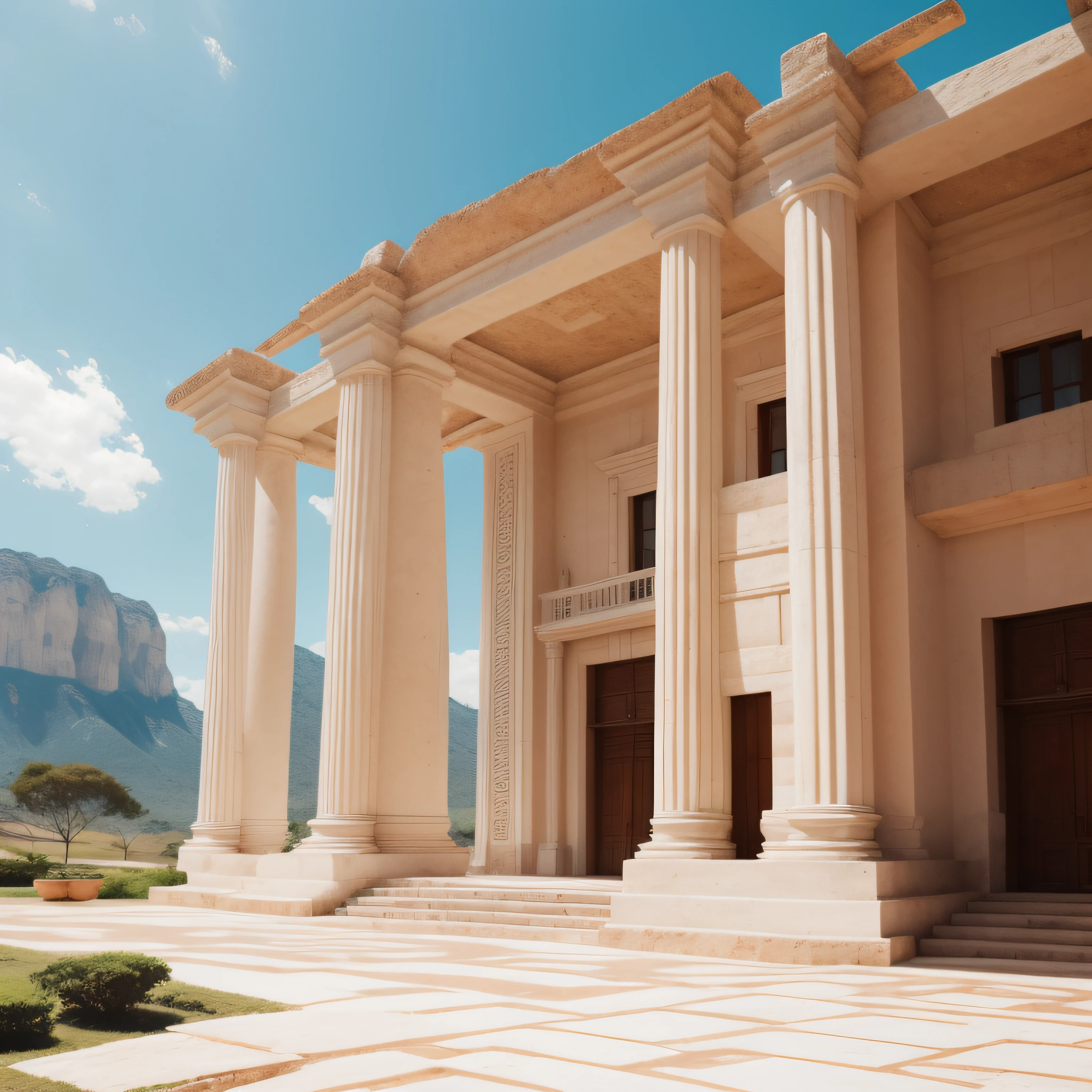Arafed view of a large building with columns and a sky background - SeaArt AI