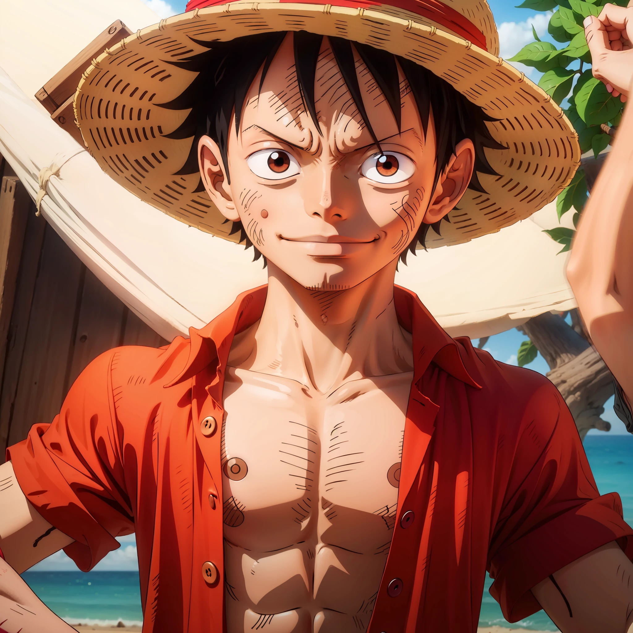 Monkey D Luffy, smirking at camera, straw hat covering eyes, facing ...