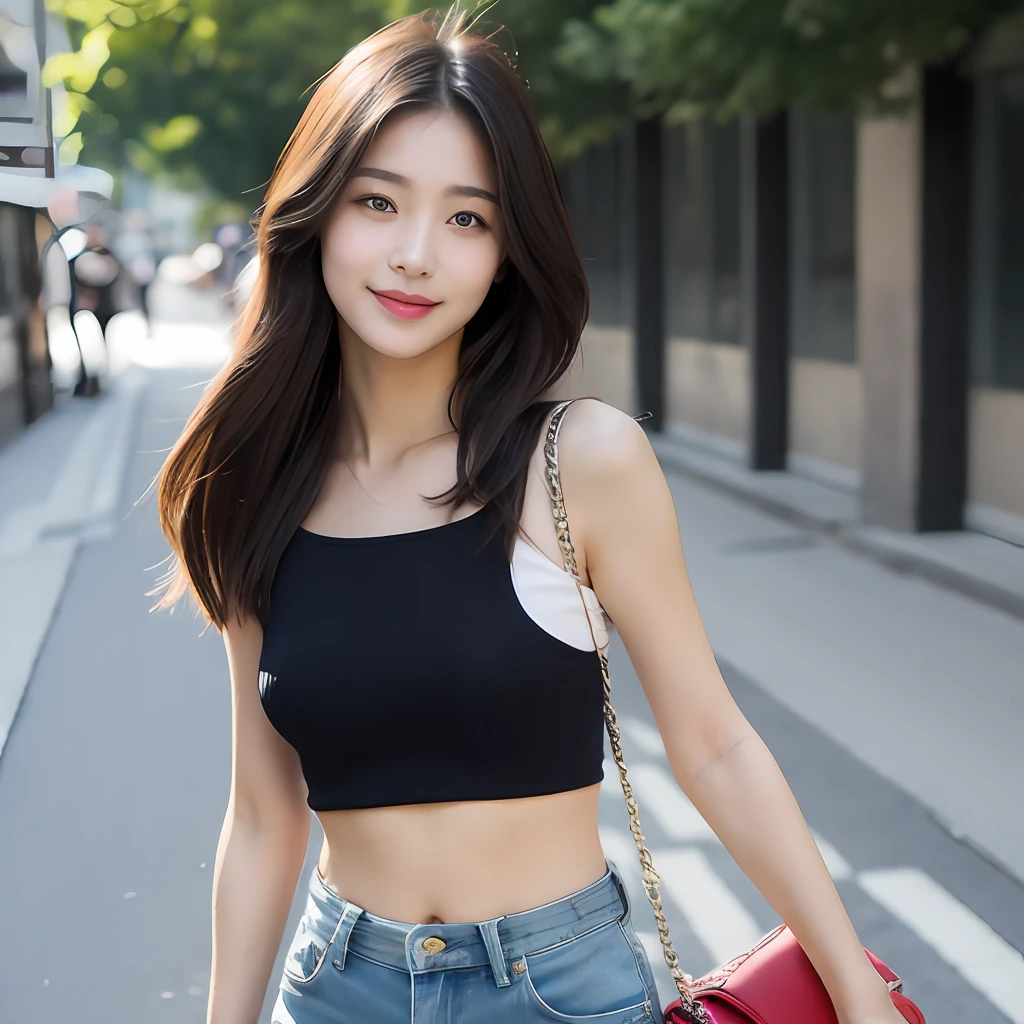 Araffe asian woman in a black top and jeans walking down a street - SeaArt AI