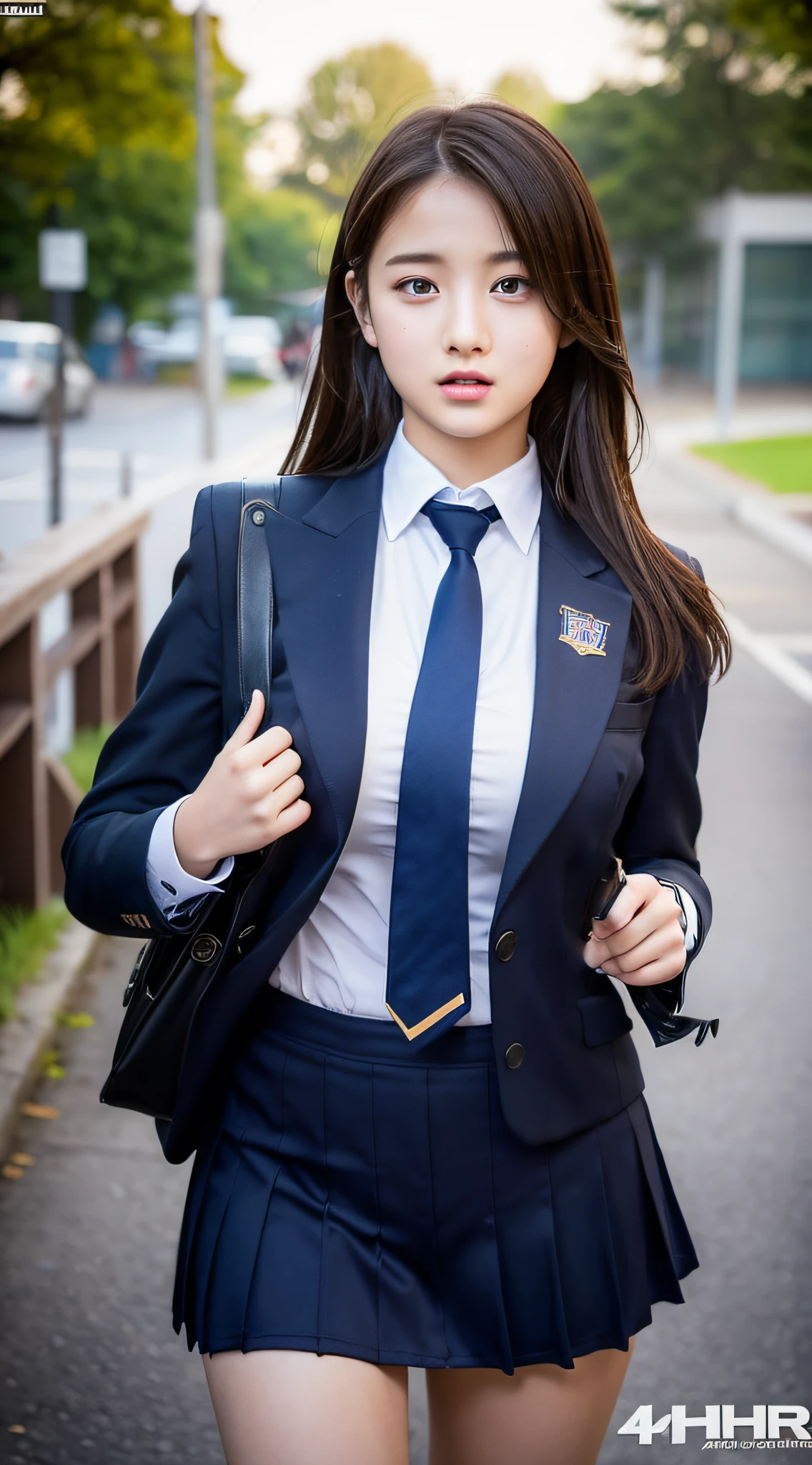 Arafed asian woman in a school uniform walking down a street - SeaArt AI