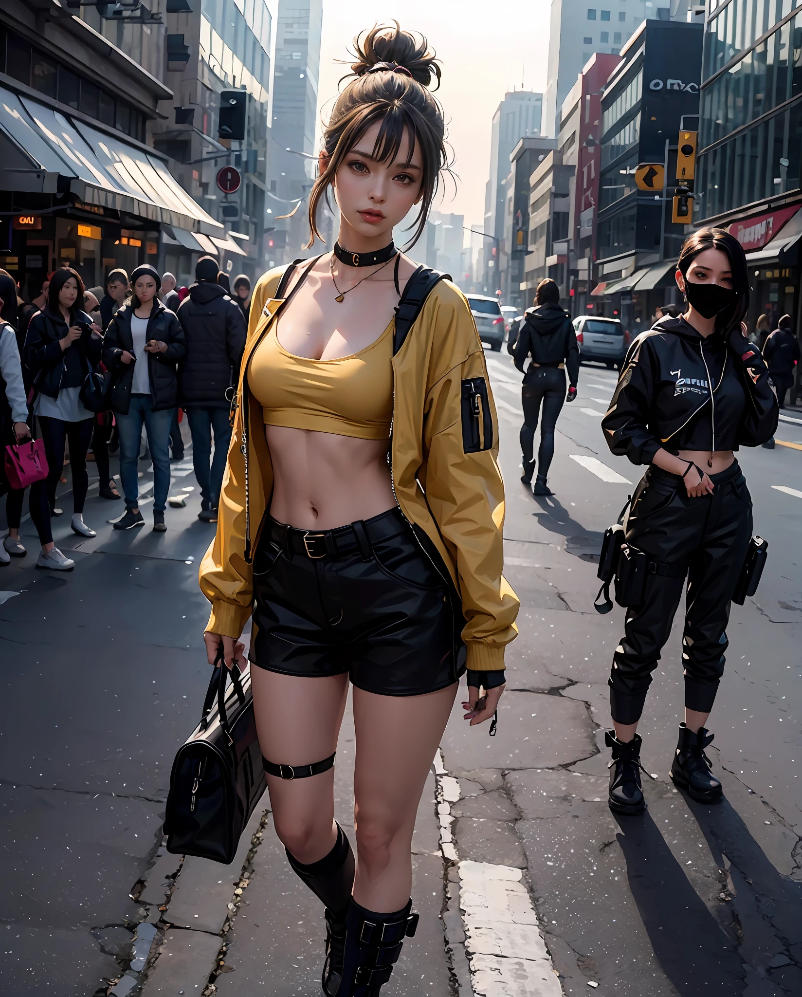 Araffe woman in a yellow top and black shorts walking down a street - SeaArt AI