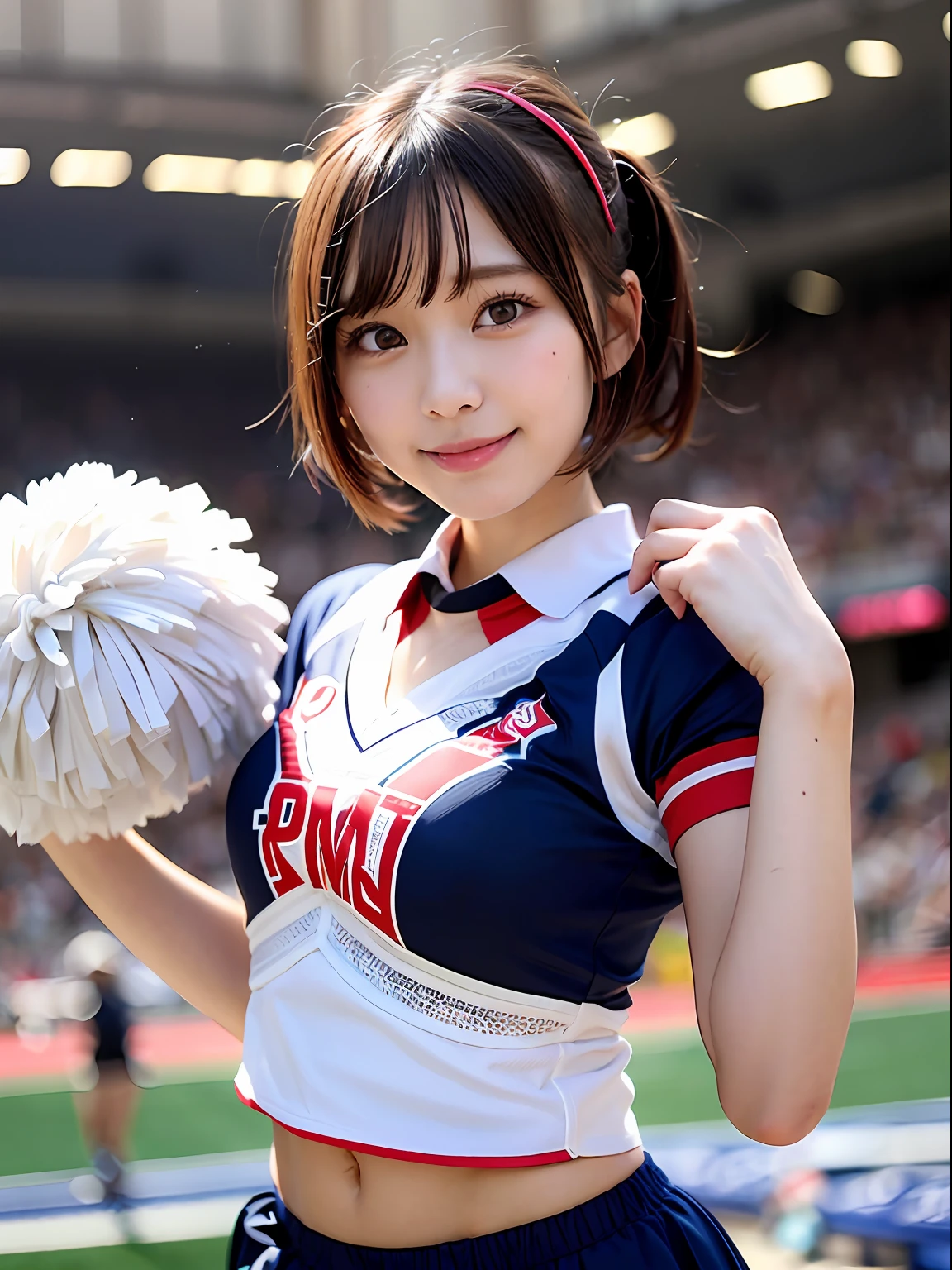 Two Ala Fed Asian Cheerleaders Posing Dynamically With Pom Poms In Stadium、write、a Closeup、 Foto