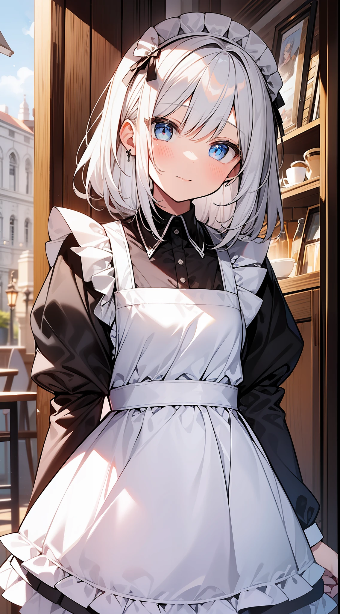 One Girl、white hair、maid clothes、cute little、 masterpiece、Top image quality、top-quality。cafes ...