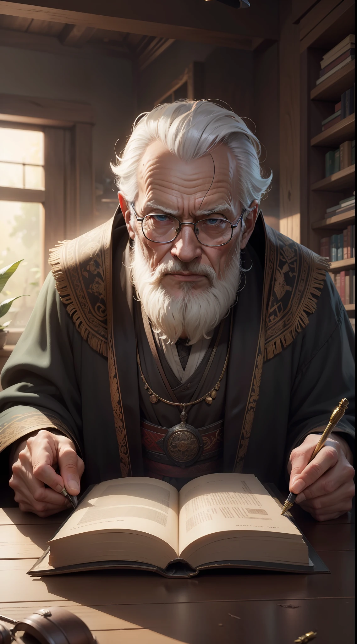 half body of an scholar old man is sitting in front of an ancient book ...