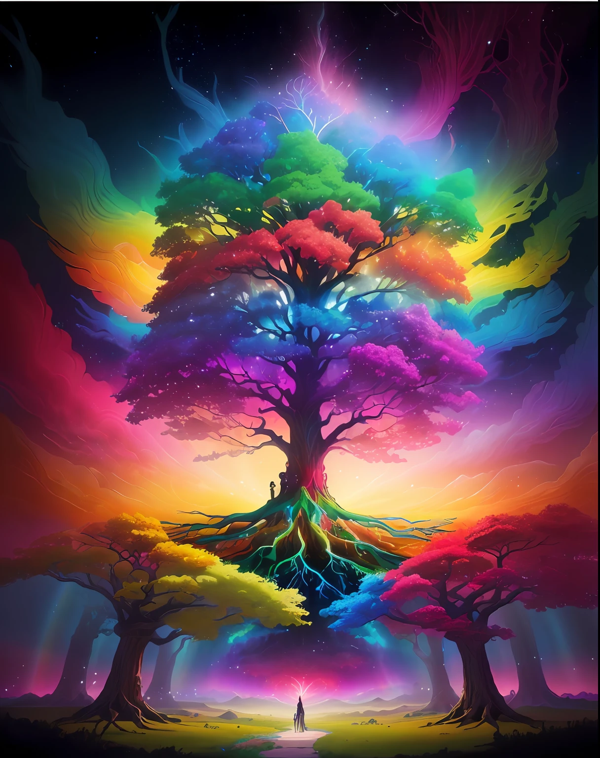 a painting of a tree with a rainbow colored sky in the background, the ...