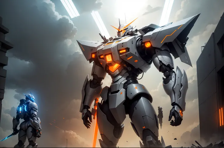 Huge silver-gray mech，Armed with a giant sword，The head has a V-shaped ...