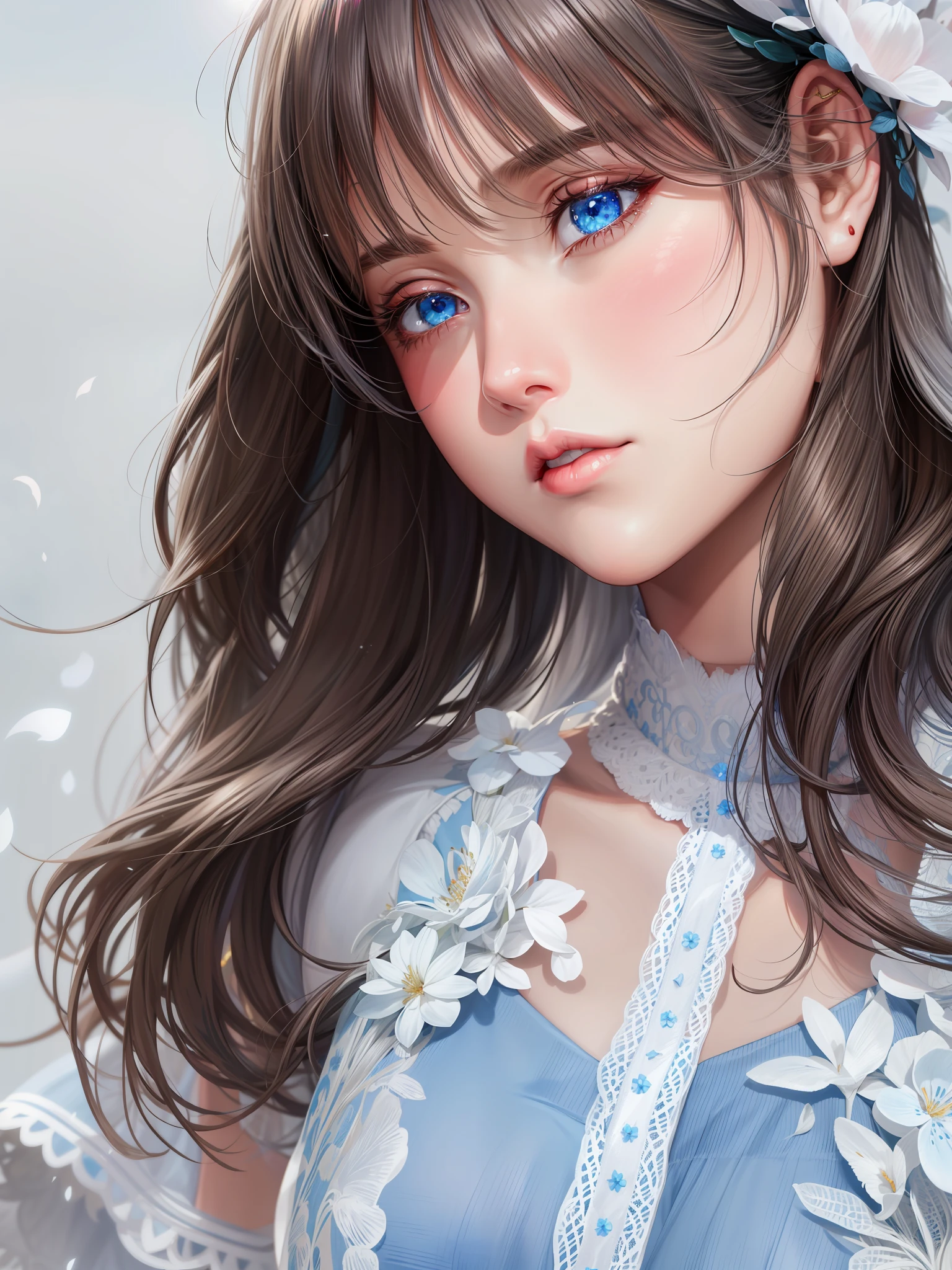 realistic, 1girl, white hair, blue eyes, glowing eyes - SeaArt AI