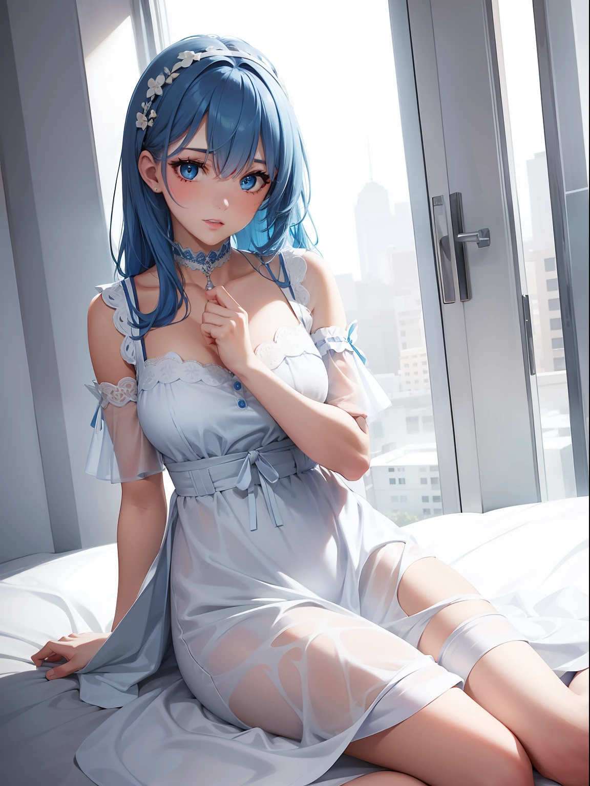 a women, blue hair, blue eyes, white dress - SeaArt AI