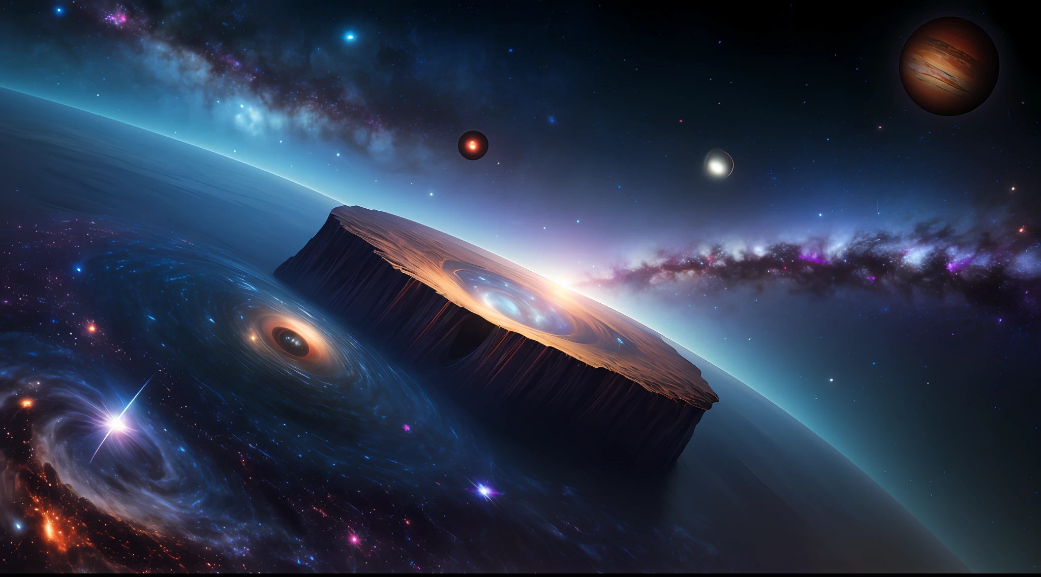 A view of a planet with a star field and a galaxy - SeaArt AI