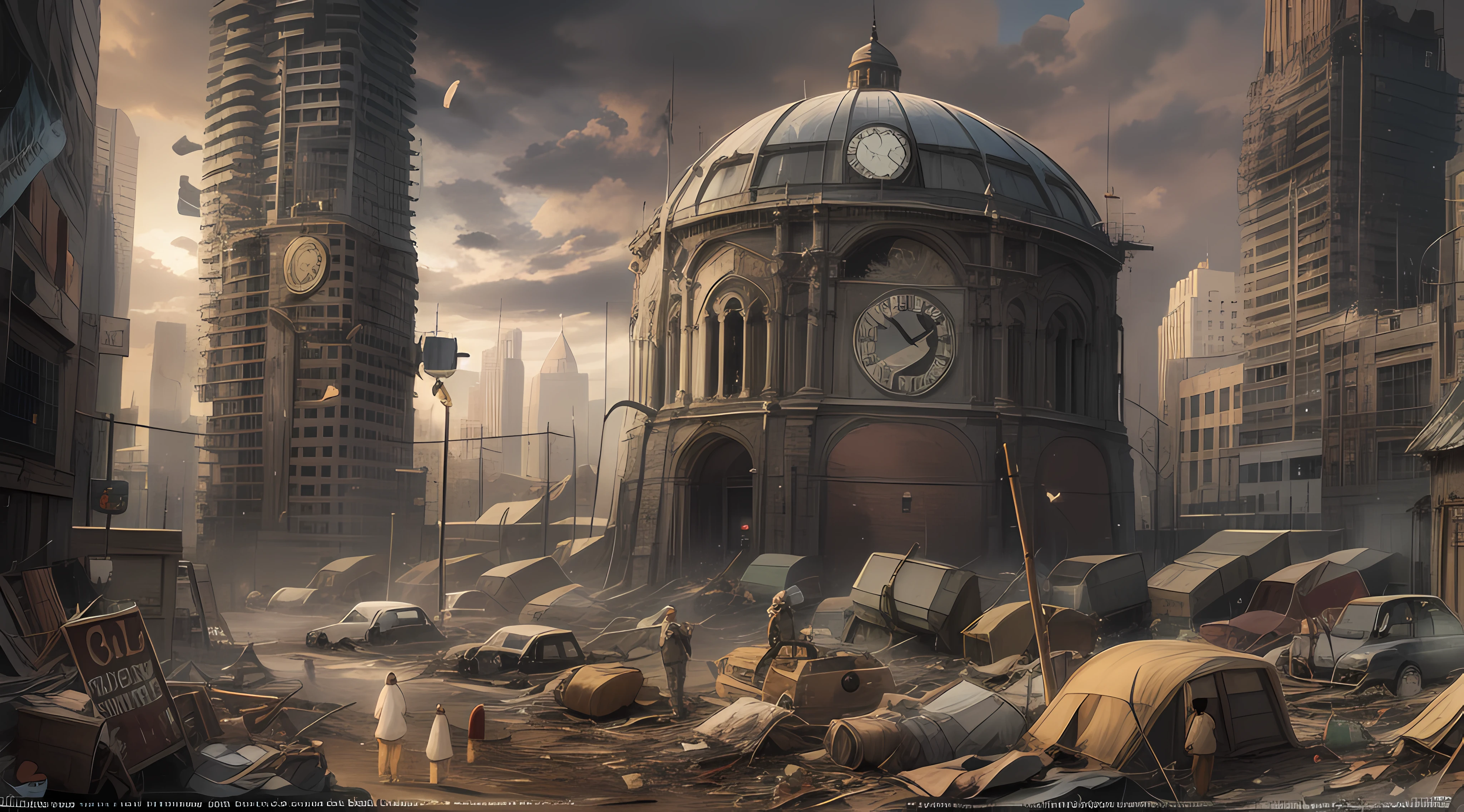 Arafed city scene with a clock tower and a lot of rubble - SeaArt AI