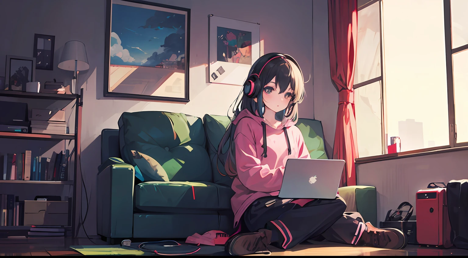 Anime girl sitting on the floor with a laptop in her lap - SeaArt AI