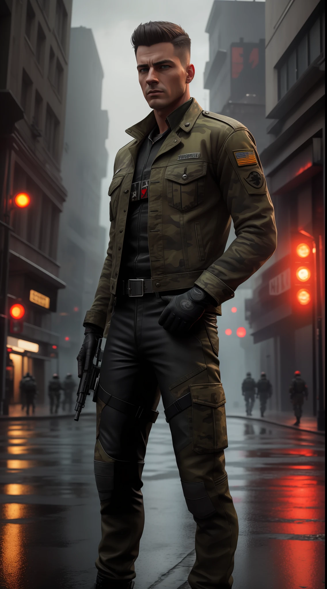 soldier, hyperrealism art, denim jacket, camouflage pants, urban ...