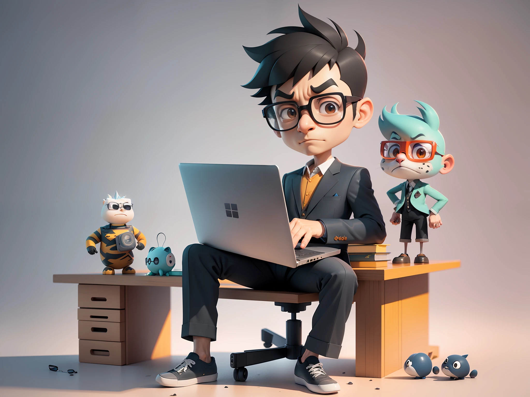 Cartoon character sitting at a desk with a laptop and toy figures ...