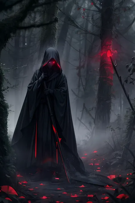 In the foggy forest at night line cultists or Grim Reaper with scythes ...