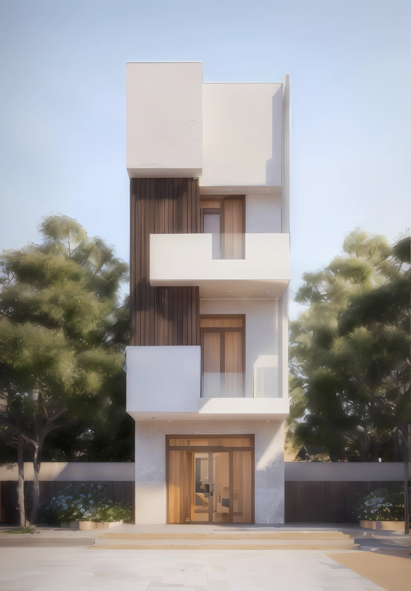 A rendering of a modern apartment building with a wooden door - SeaArt AI
