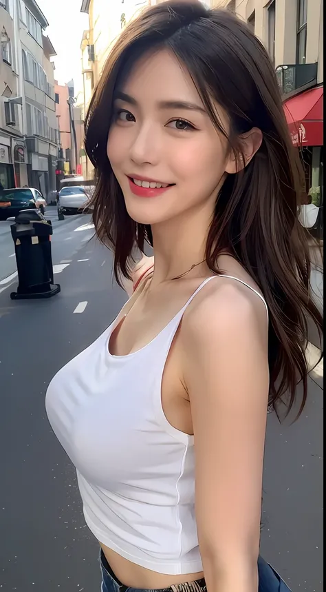 Horizontal Full Body Beautiful Legs Small Bust Beautiful Smiling Woman Middle Of City Street