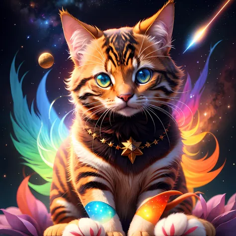 8k, A humanoid god cat flying in outer space among the stars ...