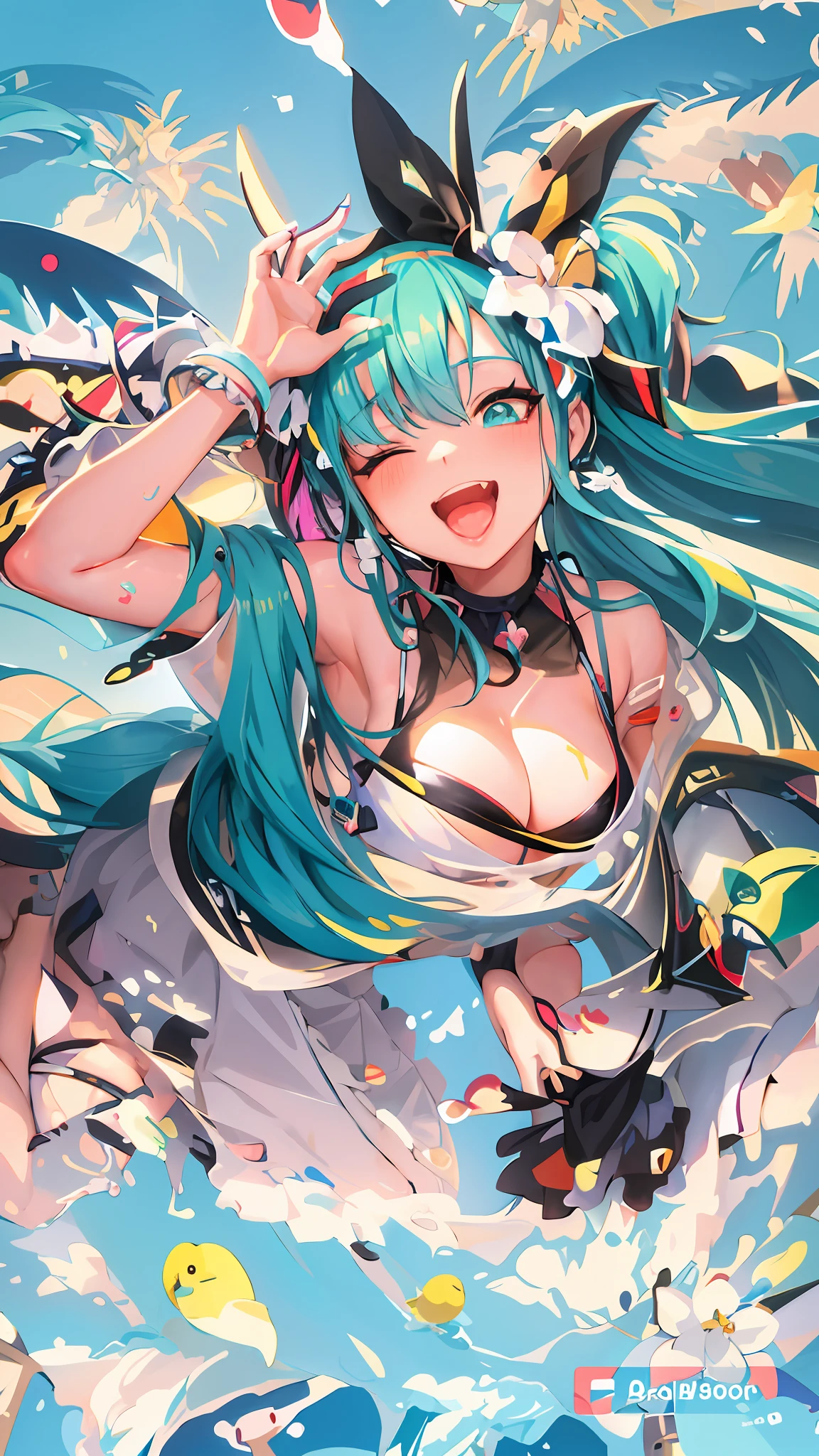 Close up portrait of a person and bird in a bikini top, Mikudayo, Top Rated on pixiv, splash art ...