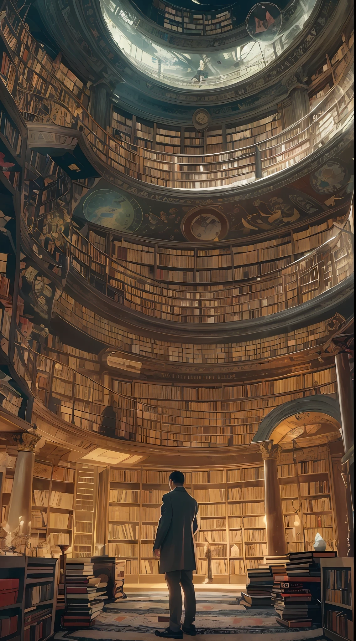 arafed image of a man standing in a library with books, endless books ...