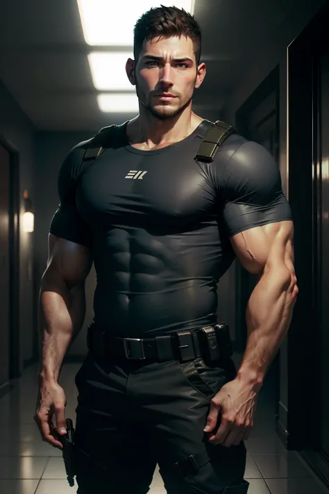 1 man, solo, 35 year old, Chris Redfield, wearing a green T-shirt ...
